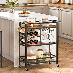 MAHANCRIS Bar Cart for Home, 3-Tier Serving Cart with Wheels and Handle, Beverage Cart with Wine Rack and Glass Holders, Rolling Wine Cart for Kitchen, Dining Room, Rustic Brown RCHR6101