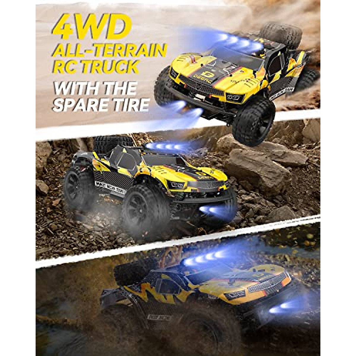 DEERC 9201E 1:10 Large Remote Control Truck with Lights, Fast Short Course RC Car, 48 km/h 4x4 Off-Road Hobby Grade Toy Monster Crawler Electric Vehicle with 2 Rechargeable Batteries for Adult Kid Boy