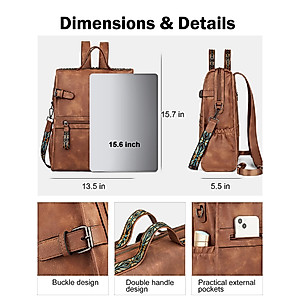 FADEON Leather Laptop Backpack for Women, Designer Ladies Work Travel Computer Backpack with Laptop Compartment Purse Brown