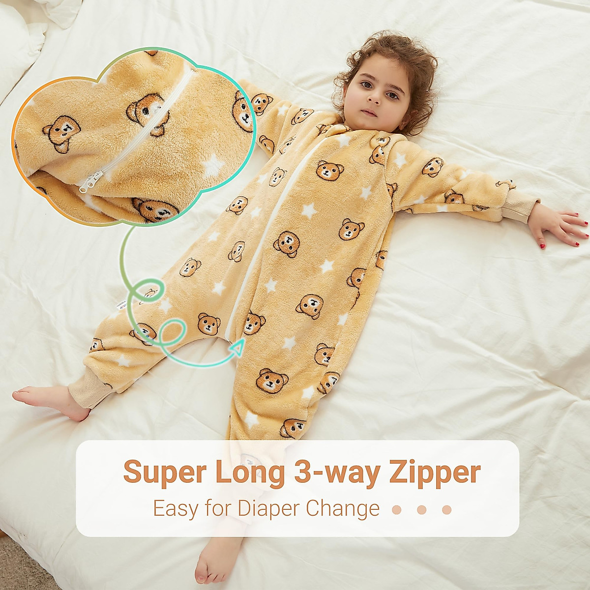 MICHLEY Flannel Baby Sleeping Bag Unisex Pajamas, Long Sleeve Zipper Wearable Sleeping Sack for Autumn Winter Boys Girls,Brownbear,18-24months, Size 90