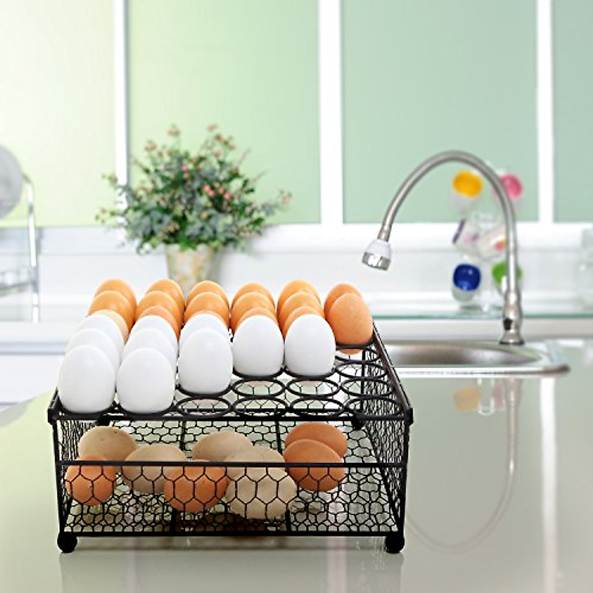 2 Tier Country Rustic Black Chicken Wire 36 Egg Display Tray and Egg Storage Box - Enjoy Fresh Eggs Daily