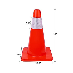 [ 10 Pack ] 18" Traffic Cones PVC Safety Road Parking Cones Weighted Hazard Cones Construction Cones for Traffic Fluorescent Orange w/4" Reflective Strips Collar