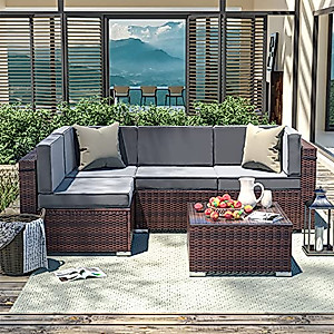 Amopatio 5 Pieces Patio Furniture Set All Weather Outdoor Sectional Sofa, Outdoor Modern Small Sectional Furniture Wicker Couch with Coffee Table, Thicken Grey Anti-Slip Cushions, Waterproof Cover