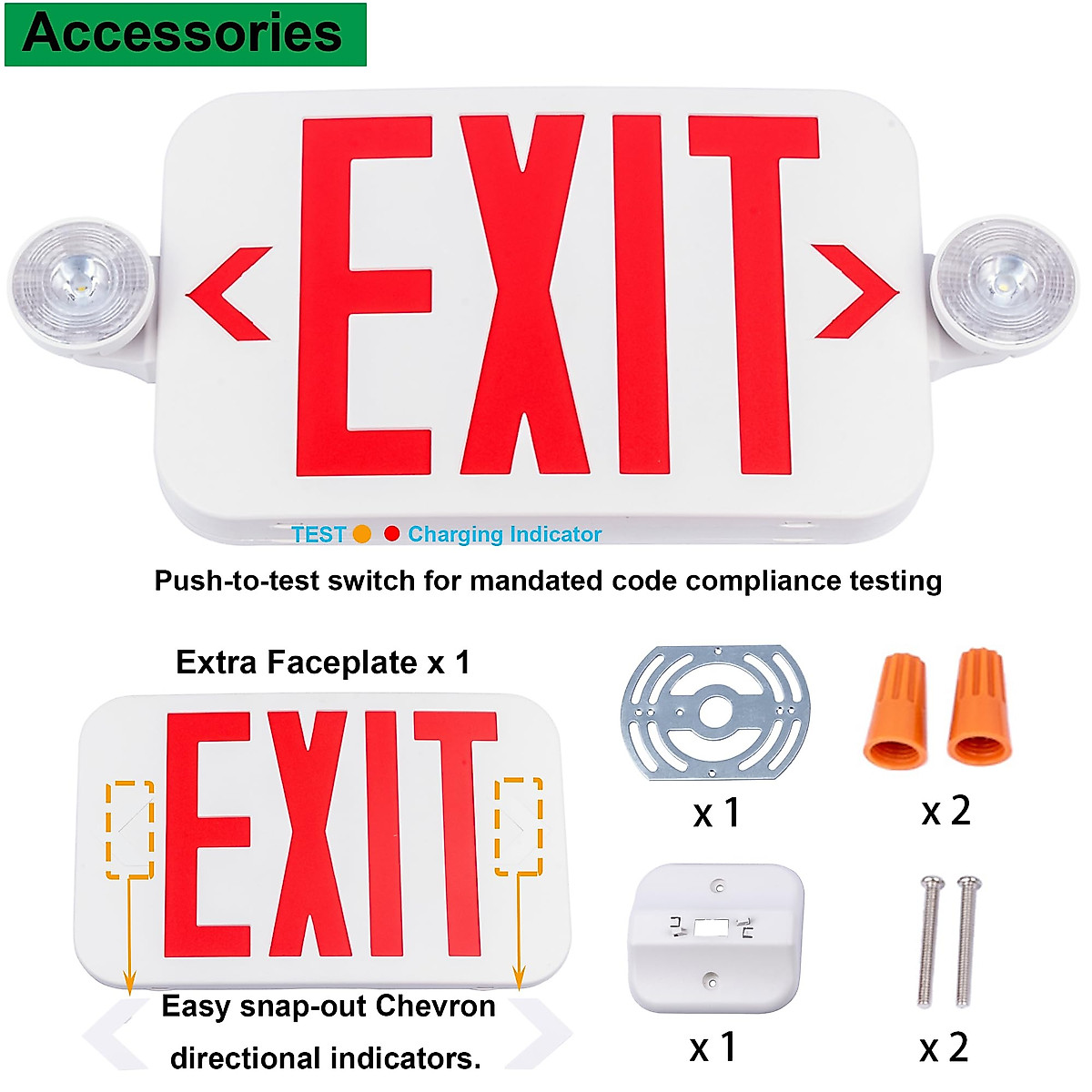 LIT-PaTH LED Combo EXIT Sign with 2 Adjustable Head Lights and Back Up Batteries- US Standard Red Letter Emergency Exit Lighting, UL 924 and CEC Qualified, 120-277 Voltage, 4-Pack