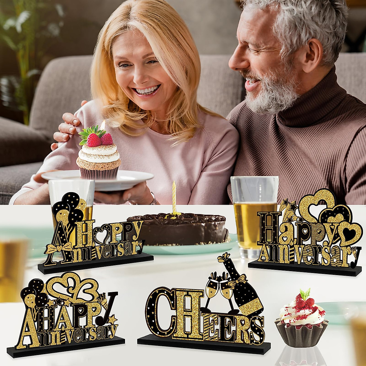 4 Pieces Anniversary Decorations Wooden Table Centerpieces, Black Gold Happy Wedding Anniversary Table Sign Party Supplies, 10th 20th 30th 40th 50th 60th Anniversary Table Decor for Indoor Outdoor
