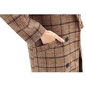 Tanming Women's Double Breasted Long Plaid Wool Blend Pea Coat Outerwear (Brown-M)