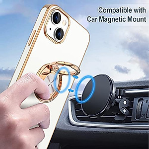 Hython Case for iPhone 14 Case with Ring Stand [360° Rotatable Ring Holder Magnetic Kickstand] [Support Car Mount] Plated Gold Edge Slim Soft TPU Luxury Shockproof Protective Phone Case Cover, White