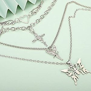 Chargances Punk Layered Butterfly and Heart Pendant Necklace Dainty Rose Flower Long Choker Silver Wing Collar Jewerly for Women and Girls