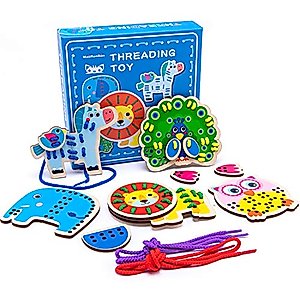 Promise Babe 5 Pack Animals Lacing Cards Wooden Puzzle Threading Toys Montessori Sewing Cards for Toddler Early Learning Fine Motor Skills Preschool Toys…