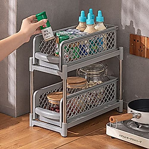 CHDHALTD Stainless Steel Sliding Cabinet Basket, Kitchen Organizer Under Sink Drawer Mesh Storage Rack with Pull for Bathroom Desktop Shelf(Grey)