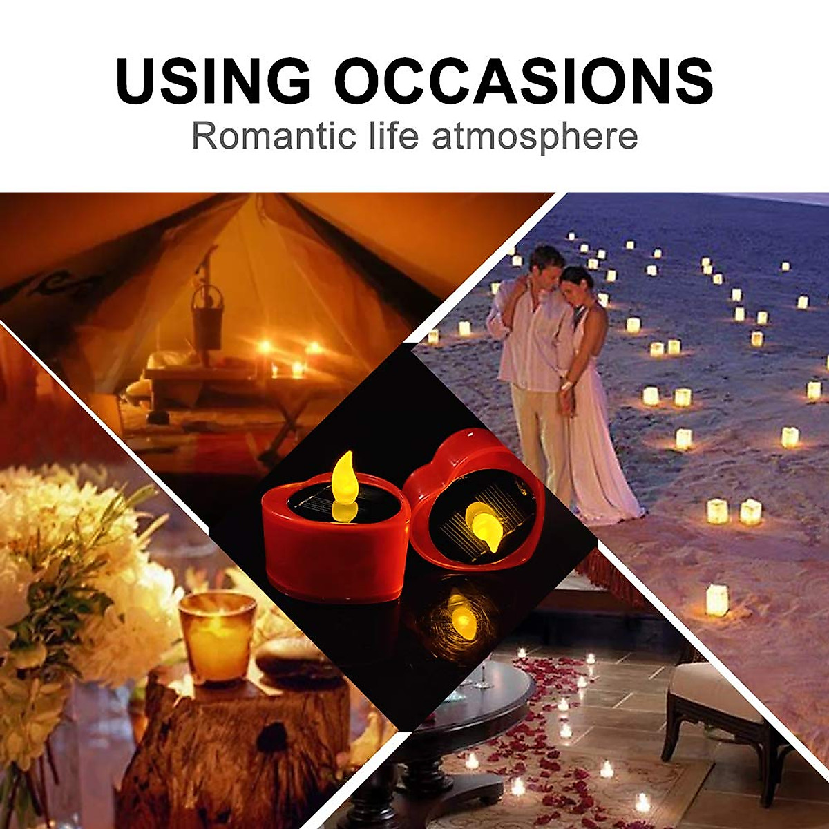 Solar Tea Lights Candles, 6pcs Heart Shaped LED Flameless Candles Rechargeable Electric Fake Candles for Valentine's Day Wedding Christmas Thanksgiving Home Party Decoration (Red Shell Yellow Flash)