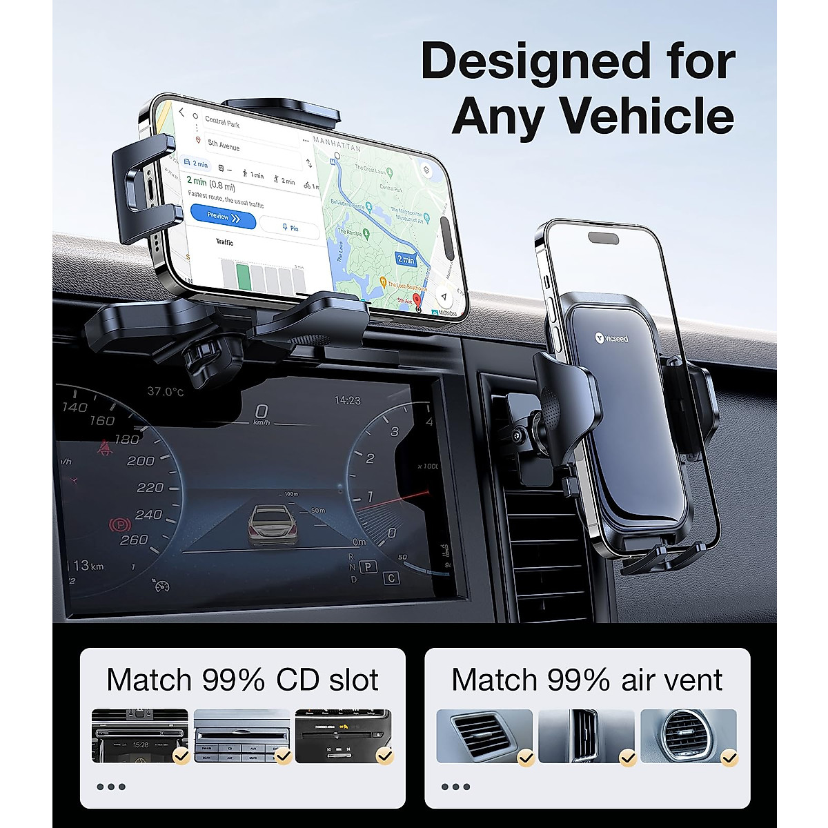 VICSEED Universal CD Phone Holder for Car - Off-Road Level Super Sturdy with Bonus Air Vent Clip, Fits All Phones and Cases, 360 Rotation for Safe Driving