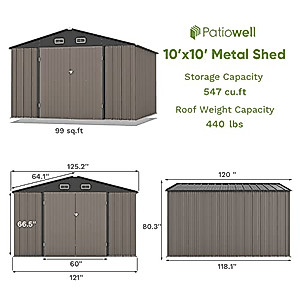 Patiowell 10 x 10 FT Outdoor Storage Shed, Steel Yard Shed with Design of Lockable Doors, Utility and Tool Storage for Garden, Backyard, Patio, Outside use,Brown