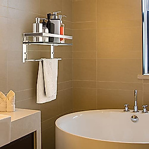 GeekDigg Bathroom Shelf with Towel bar, Wall Mounted Glass Shower Rack 15.2 by 4.5 inches 2 Pack Corner Shower Caddy, Transparent Acrylic Shelf