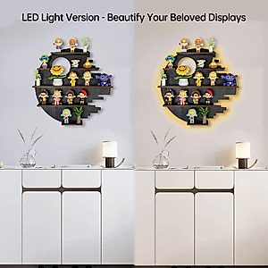 FNYDOX Large 17.7" LED Wooden Circle Floating Shelves for Wall, Figures Minifigures Figurine Display Shelf Wall Mount, Wood Wall Hanging Shelf for Collection Collectibles, for Bedroom Living Room