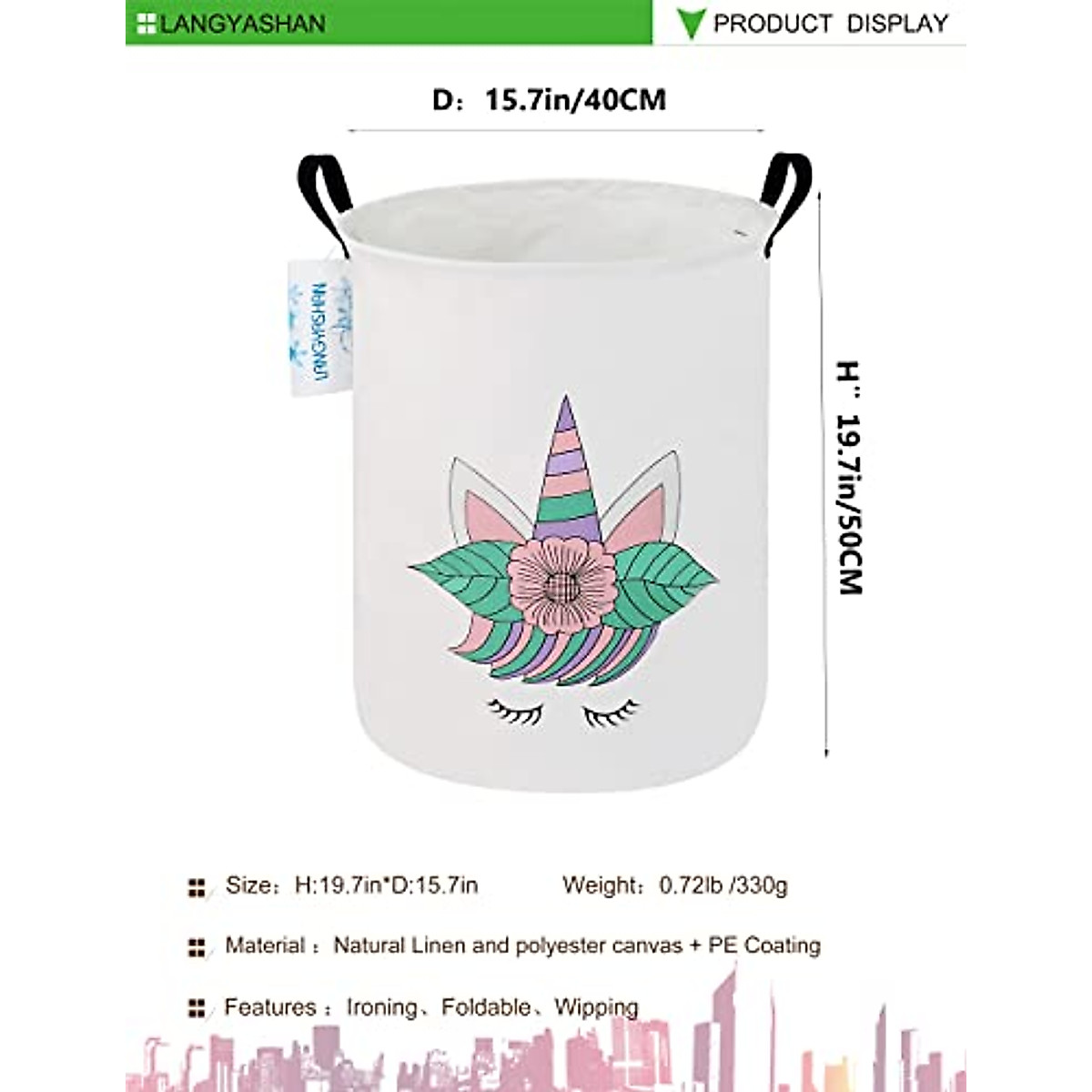 LANGYASHAN Laundry Basket Canvas Fabric Collapsible Organizer Basket for Storage Bin Toy Bins Gift Baskets Bedroom Clothes Children Nursery Hamper (Leaf Unicorn)
