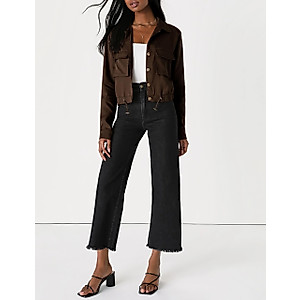 Vimyig Women's Lightweight Black Cropped Utility Jacket Military Safari Button Down Anorak Coat with Pockets(Brown-M)