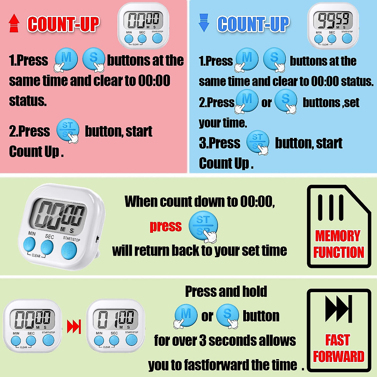 Macarrie 48 Pcs Digital Kitchen Timer Bulk Small Magnetic Backing Stand Timer Clock Loud Alarm LCD Display Electronic Minute Second Count up Countdown Timer for Teacher Classroom Cooking Baking