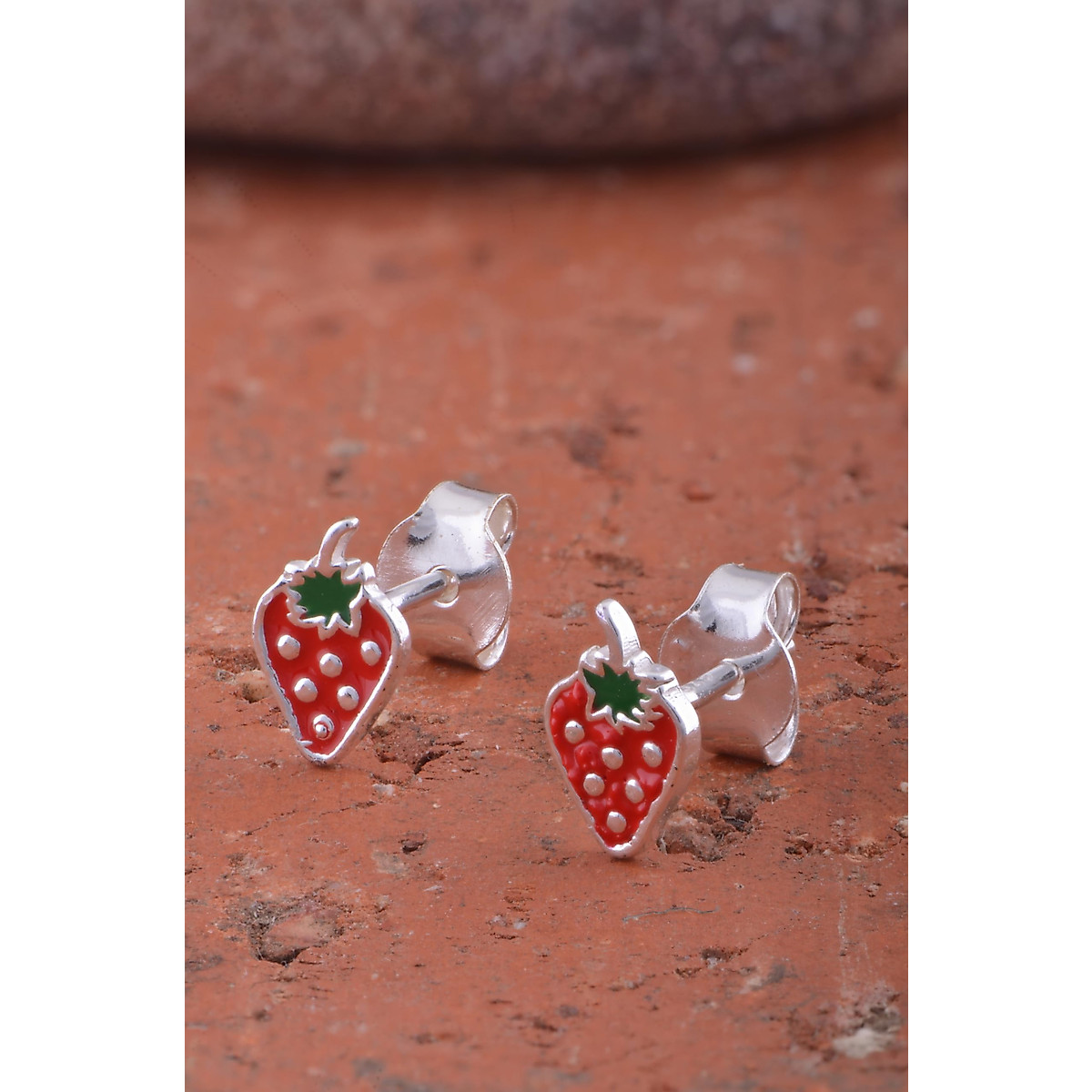Sterling Silver Small Womens Fruit Red Strawberry Push Back Stud Earrings - Fruit Gifrts For Ladies Mom Wife 0.31in