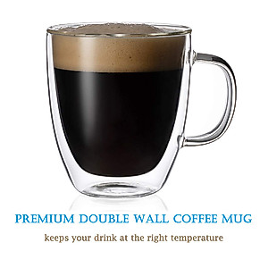 BothEarn Glass Coffee Mug Set of 2 - Double Wall Clear Espresso Cup with Large Handle, Great for Latte, Cappuccino and Juice, 19 Ounce (560 ml), BE026