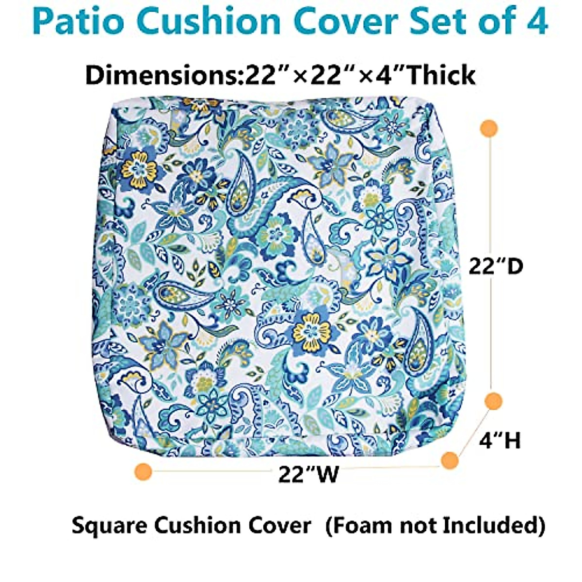 EHouseHome Patio Chair Seat Cushion Covers,Washable UV Resistant Slip Covers Replacement,Waterproof Outdoor Furniture Cushion Pillow Seat Cover for Couch,Garden,Sofa,22"×22"×4"(4 Covers Only,Paisey)