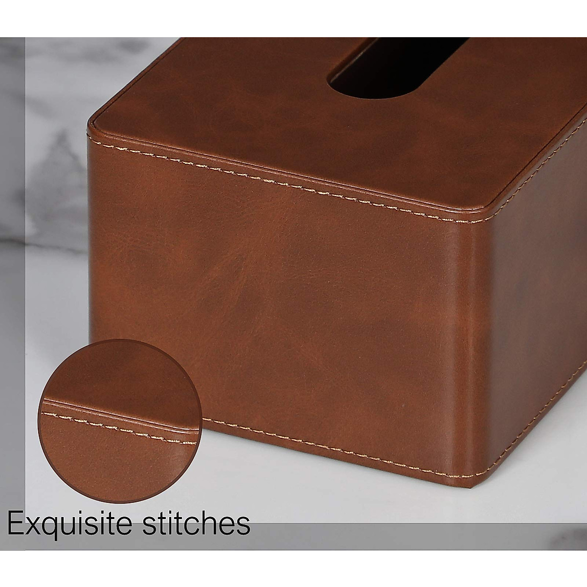 GOLRANLYE Tissue Box Cover Rectangular 9.8"(L) x 5.3"(W) x 4.3"(H) Refined Modern PU Leather Facial Tissue Dispenser Box Holder for Dresser Bathroom Decorative (Brown)