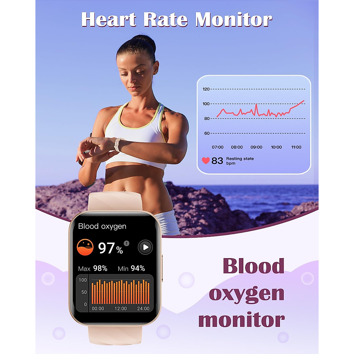 RUIMEN Smart Watches for Women Men (Answer/Make Calls) Compatible with iPhone/Android Phones, 1.85" HD Screen Fitness Tracker Heart Rate Monitor 100+ Sports Tracker Watch Waterproof (Pink)