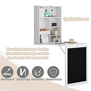 JAXPETY Wall Mounted Space Saving Folding Desk Fold Out Computer Laptop Desk with Storage Bookcase & Chalkboard Convertible Writing Desk for Home Office, White + Black