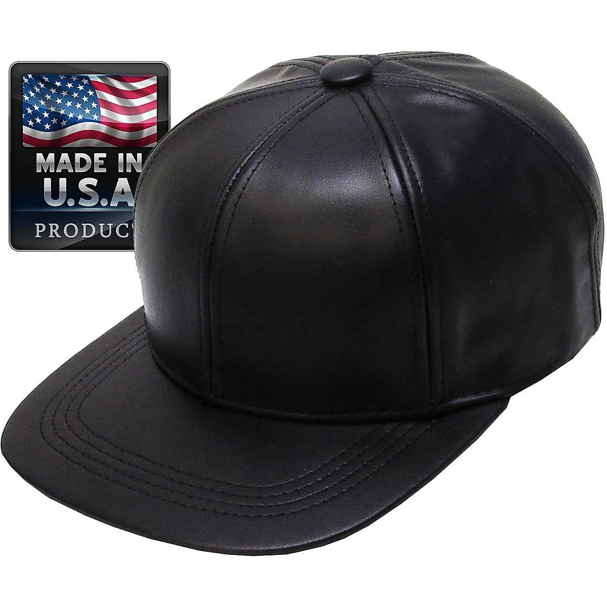 KBETHOS Leather-BBCAP BLK Genuine Leather Flat Bill Baseball Hat Cap - Made in USA
