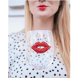 The Queens’ Jewels Red Lips Jeweled Stemmed Wine Glass, 21 oz. - Unique Gift for Women, Birthday, Cute, Fun, Valentine's Day