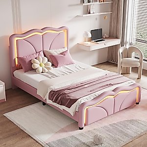 SOFTSEA Twin Size Upholstered Platform Bed, Platform Bed with LED Light Strips and Curve Shaped Adjustable Headboard, Wood Bed Frame for Bedroom, No Box Spring Needed, Pink