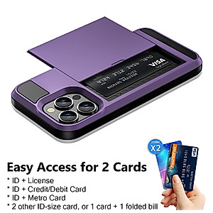 Vofolen for iPhone 14 Pro Max Case Wallet Credit Card Holder ID Slot Sliding Door Hidden Pocket Men Women Anti-Scratch Dual Layer Hybrid Bumper Armor Protective Shell Back Cover GreyPurple 6.7 inch