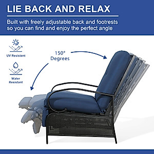 PATIO TREE Adjustable Outdoor Reclining Lounge Chair Patio Recliner Chair with Strong Extendable Metal Frame and Removable Cushions for Outdoor Reading or Relaxation (Navy)