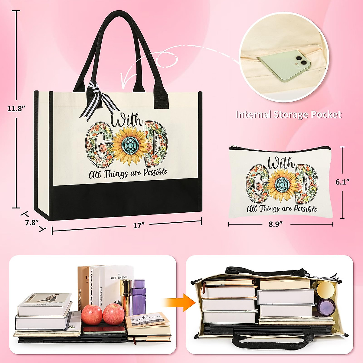 Tecanne Christian Gifts for Women, Her, Mom, Wife, Girlfriend, Sisters, Best Friends - Canvas Tote Bag with Makeup Bag, Inspirational, Religious, Spiritual, Birthday Christmas Gifts for Women