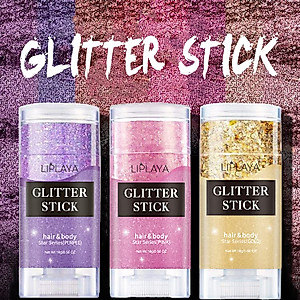 Yeweian Gold Face Body Glitter Stick, Lip Eye Nails Hair Body Glitter Gel,Singer Concerts Face Body Sequins Glitter Makeup, Mardi Gras Glitter Accessories,Chunky Holographic Face Glitter Gel for Women