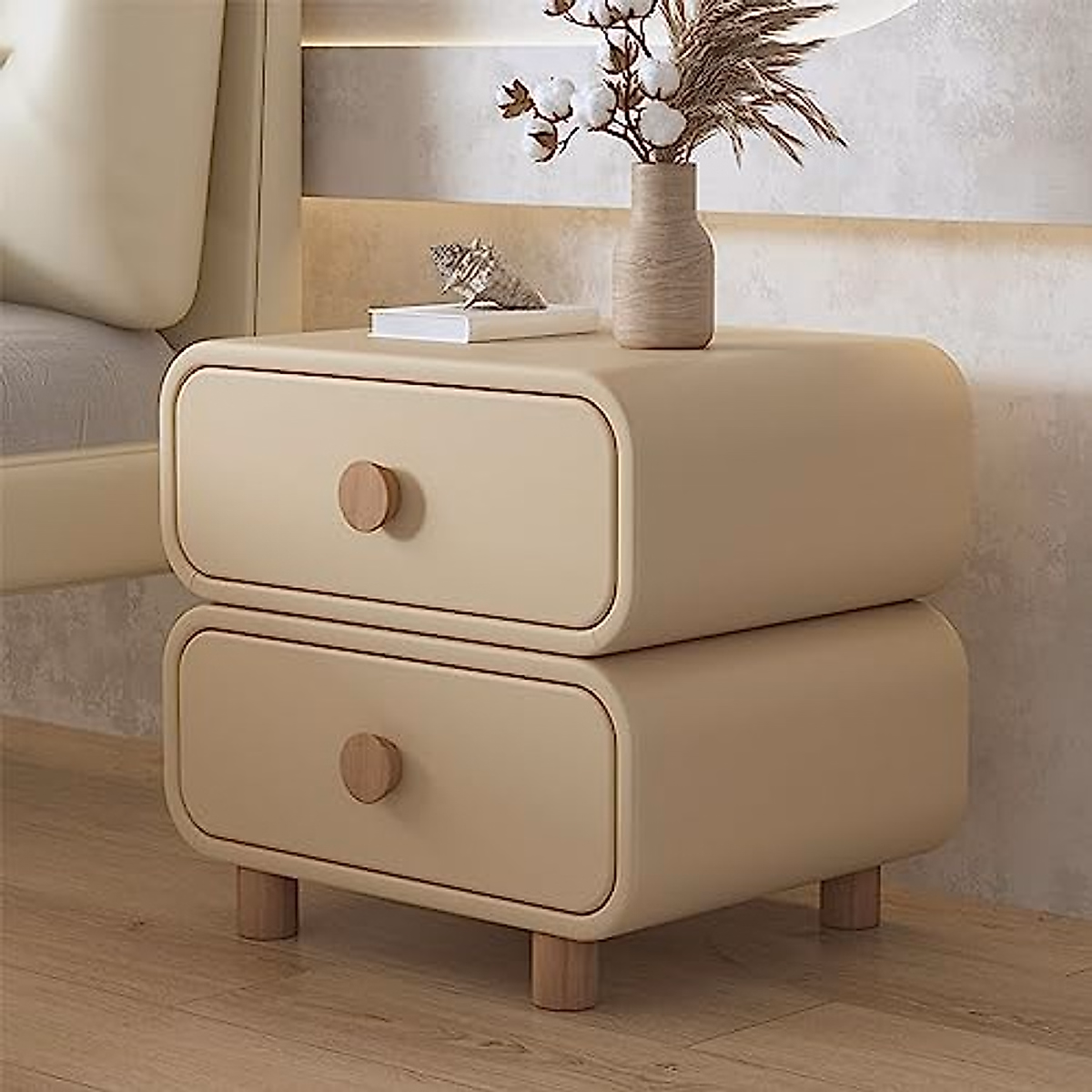 Bedside Cabinet with 2 Drawers,Mid-Century Modern 2 Drawer Solid Wood Nightstand,Wood Side Table End Table for Bedroom (Khaki)
