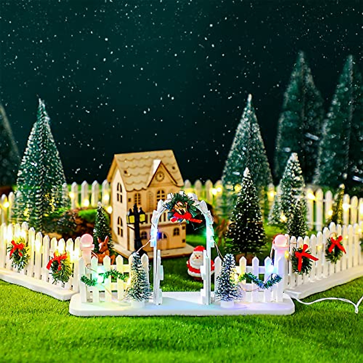 Bucherry 4 Pieces Christmas Village Fairy Garden Fence LED Fence White Mini Picket Fence Decoration Miniature Wire Fence Christmas Gate Lit Figurine for Outdoor Dollhouse House Accessories