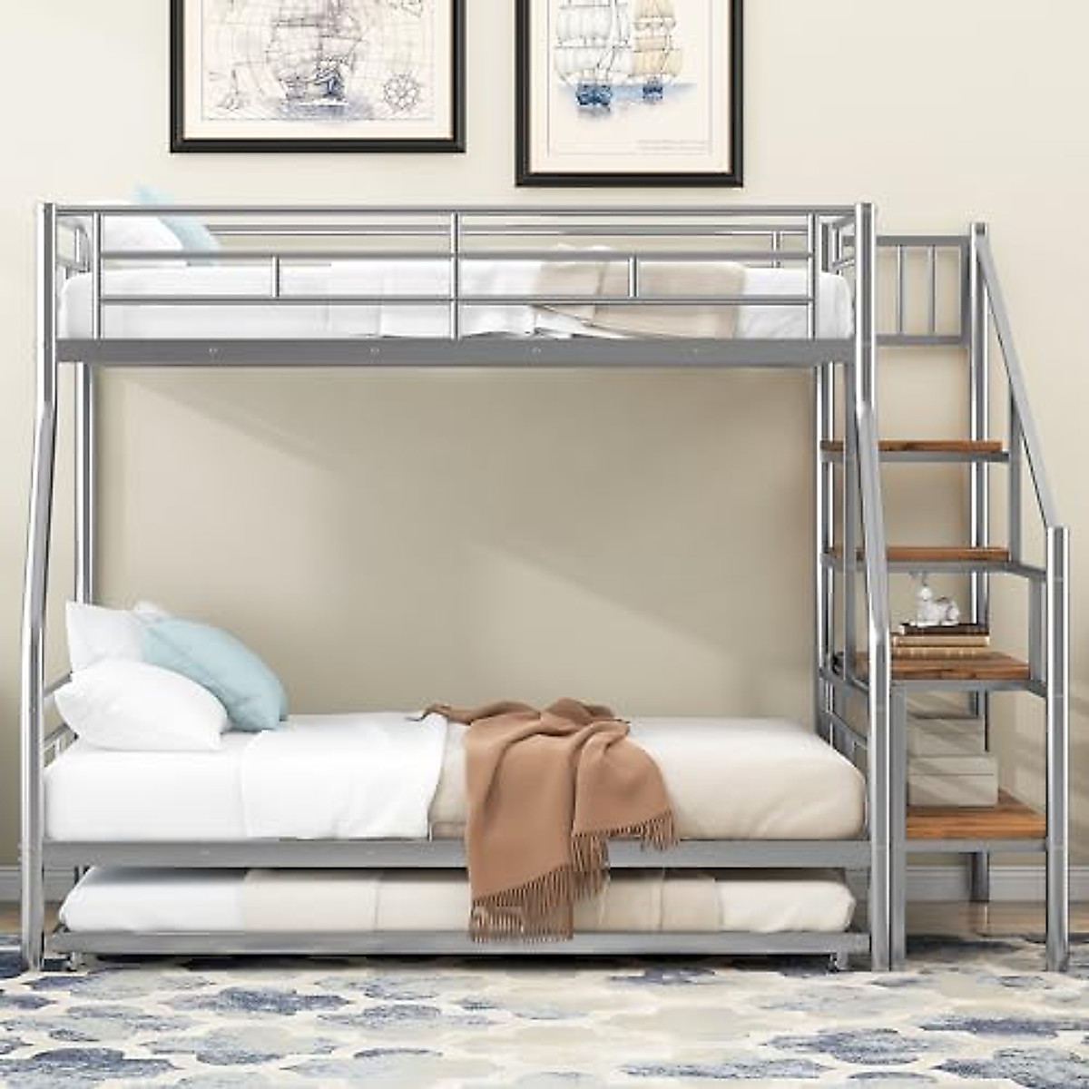 RORIGAT Twin Over Full Bunk Bed with Trundle,Metal Bunk Beds with Storage Staircase and Guard Rail,Bunk Bed Twin Over Full Size for Kids Boys Girls Teens Bedroom,Silver