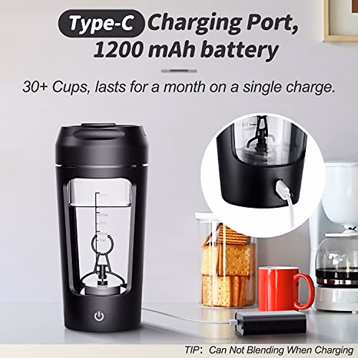 Electric Protein Shaker Bottle, Blender Bottles for Coffee Milk Chocolate Milkshakes | USB Rechargeable 1200mAh Battery | BPA-Free | Tritan Material | 22oz Cup | Supplement Storage Included