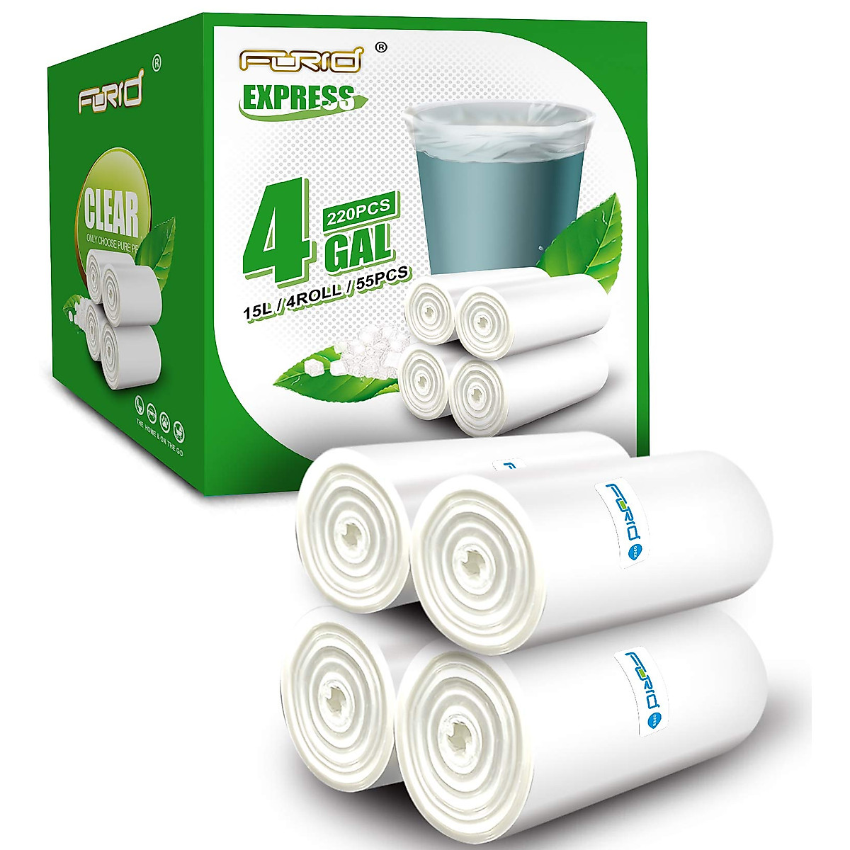 FORID Small Clear Trash Bags - 4 Gallon Plastic Garbage Bags 220 Count Strong Unscented Wastebasket Bin Liners for Bathroom Bedroom Office 15 Liter Trash Can - Thick & Durable Trash Bag