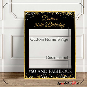 Fifty & Fabulous Photo Booth Frame, 50th Birthday Decorations, Personalized Black and Gold Glitter Selfie Frame, Custom Photo Booth Props, 20th, 30th, 40th Birthday, Party Supplies Sizes 36x24, 48x32