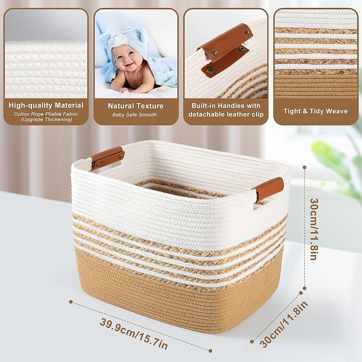 LWYMX 2 Pack Woven Baskets for Storage, 15.7"x11.8"x11.8" Cotton Rope Basket with Handles Gift Storage Basket for Organizing Bins, Nursery Toy Laundry Blanket Basket for Living Room Closet Shelves