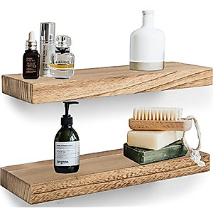 Wood Floating Shelves Wall Mounted 17 inch, 2 Tier Rustic Wooden Wall Shelves for Bathroom Living Room Bedroom Laundry Kitchen Storage Farmhouse Decor, Set of 2