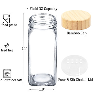 SWOMMOLY 48 Glass Spice Jars with 806 White Spice Labels, Square Spice Bottles 4 oz Empty Spice Containers with Bamboo Lids, Chalk Marker and Funnel Complete Set.