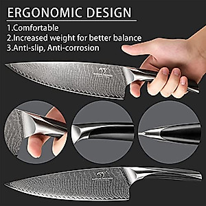 Damascus Kitchen Knife Set, NANFANG BROTHERS 6-Piece Damascus Steel VG10 Kitchen Knife Set with Wood Magnetic Knife Holder Block Professional Chef's Knife with Sharp Blades and ABS Ergonomic Handle