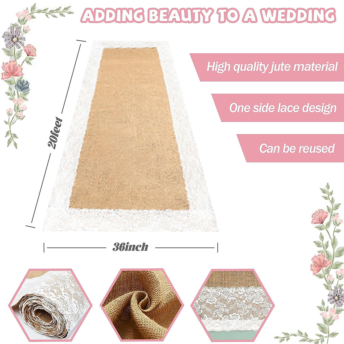 FUYITE Burlap Aisle Runner for Wedding Ceremony, 36" x 20ft Natural Burlap Wedding Aisle Runner with Lace, Jute Vintage Seamless Rustic Charm Wedding Runner Aisle Outdoor