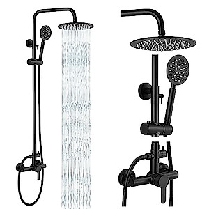 gotonovo SUS304 Outdoor Shower Fixture System Combo Faucet Set Single Handle High Pressure Hand Spray Wall Mount 2 Dual Function Matte Black Rainfall Shower Fixture