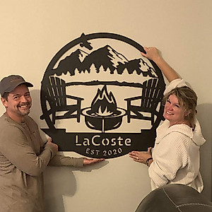 RealSteel Personalized Campfire Name Sign - Custom Metal Wall Art with Adirondack Chairs, Mountains, and Campfire Scene - Rustic Cabin, RV, and Campsite Decor - Gift for Campers & Nature Lovers - Black, 18"