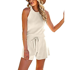 SySea Women's Summer 2 Piece Outfits Knit Halter Tank Top and Shorts Lounge Set (Beige, Large)