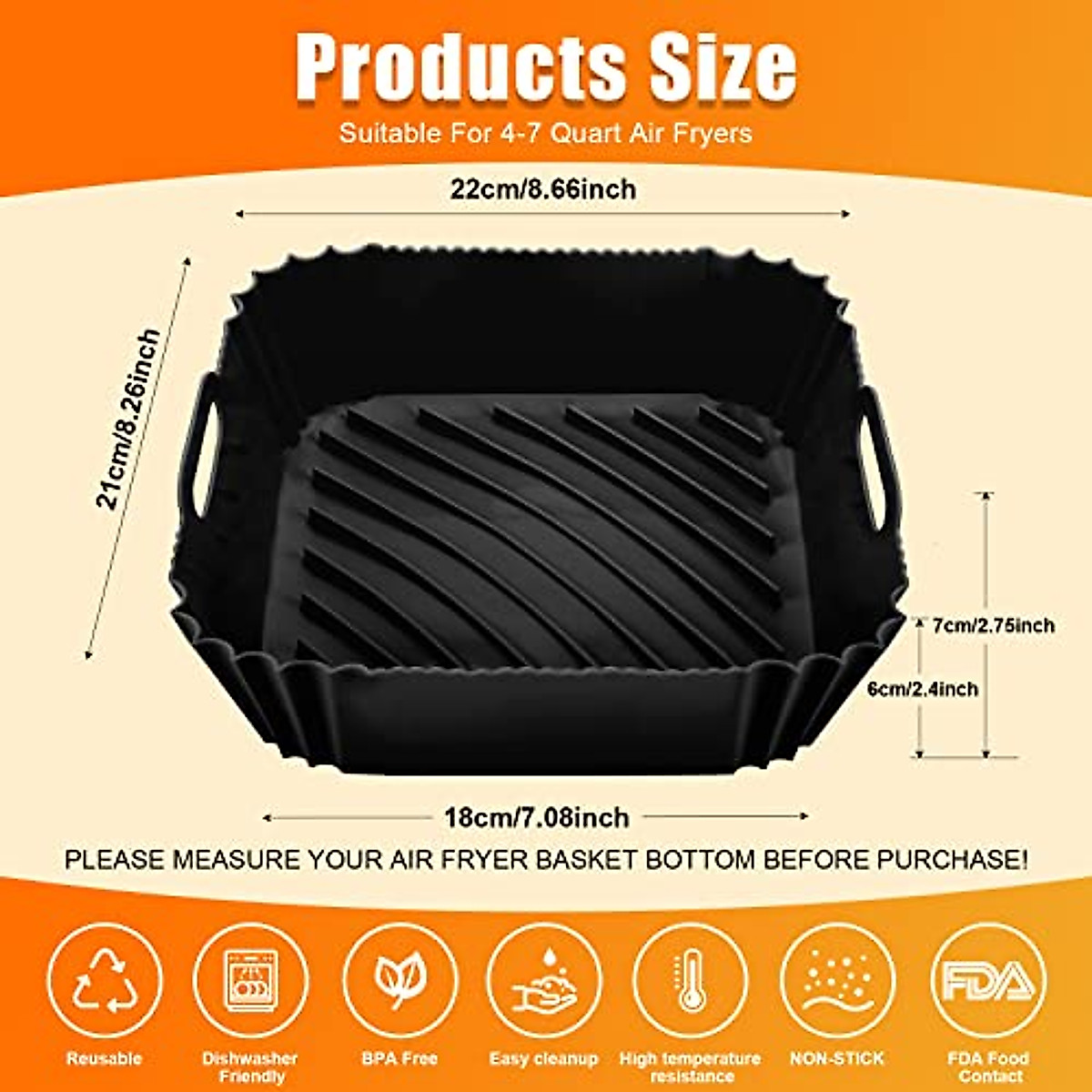 Air Fryer Liners – Durable Air Fryer Silicone Liners – Air Fryer Liners Square with Practical Handles – Dishwasher and Oven Friendly Silicone Air Fryer Basket – 2pcs (Black+Grey)